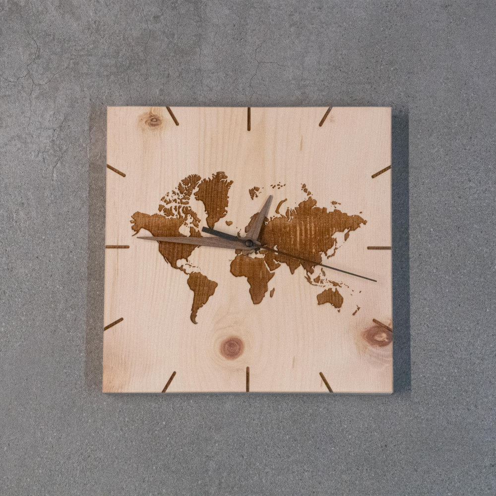 Swiss pine clock with world map and walnut hands | lazer-wood.com 🕗
